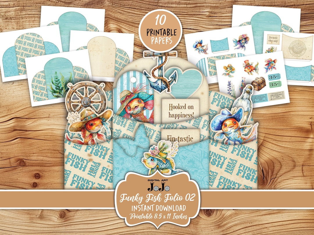 Funky Fish Printable Folio, Junk Journal Ephemera Kit, Whimsical ...