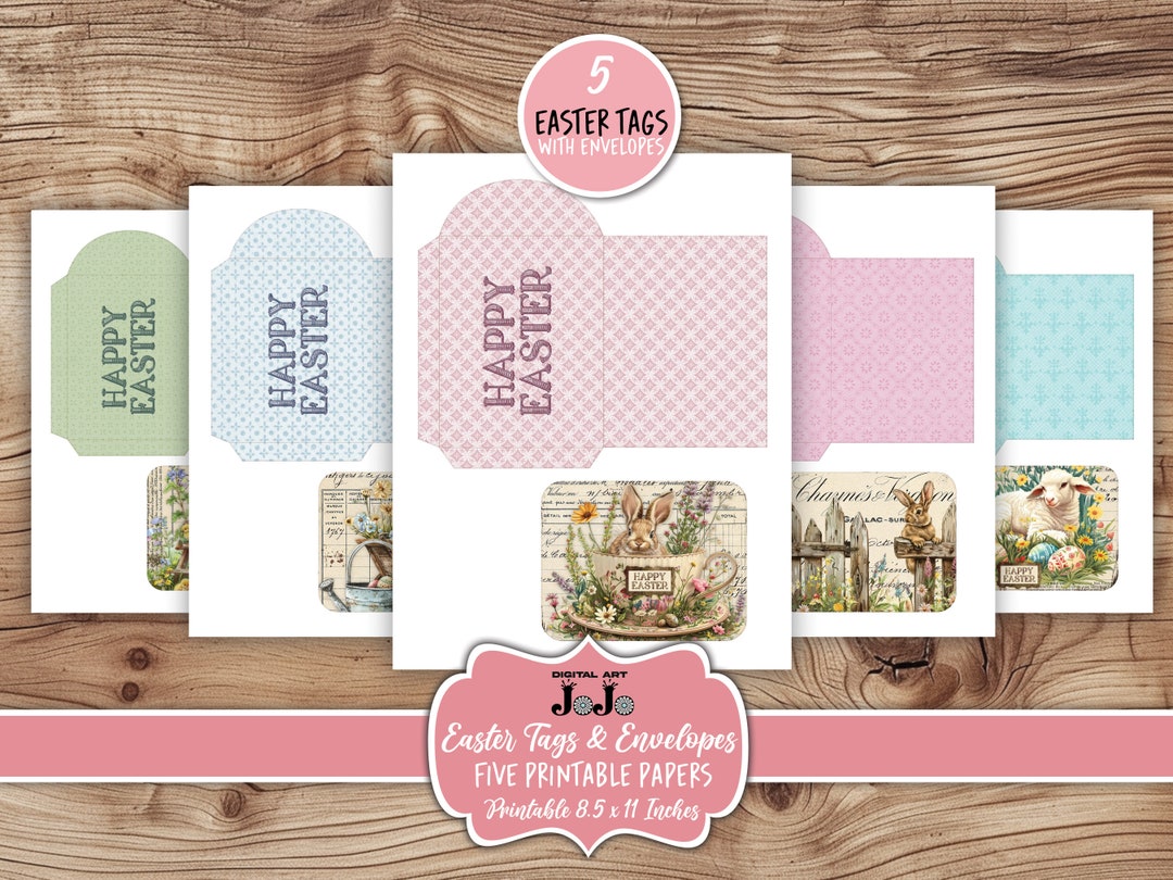 Printable Easter Tags With Envelopes, Vintage Bunny Scrapbook Paper ...