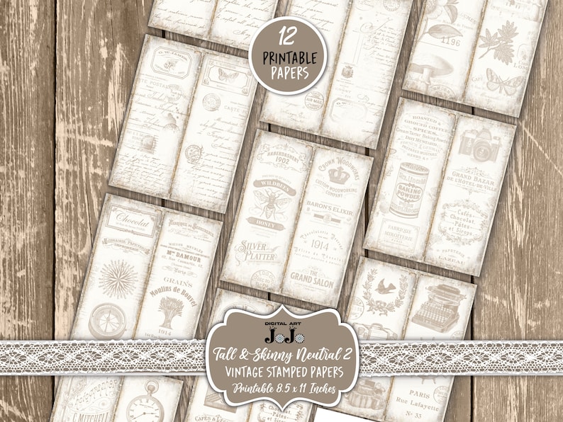 Printable Tall and Skinny Junk Journal Pages Kit, Neutral Stamped ...