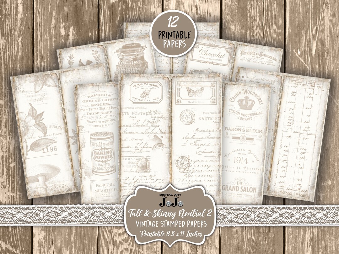 Printable Tall and Skinny Junk Journal Pages Kit, Neutral Stamped ...