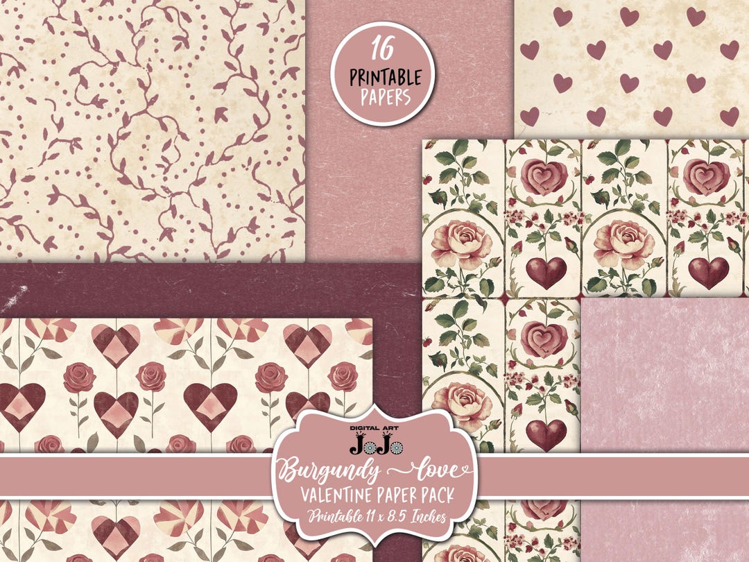 Valentine Printable Paper, Junk Journal Digitals, Roses Scrapbook Pages ...