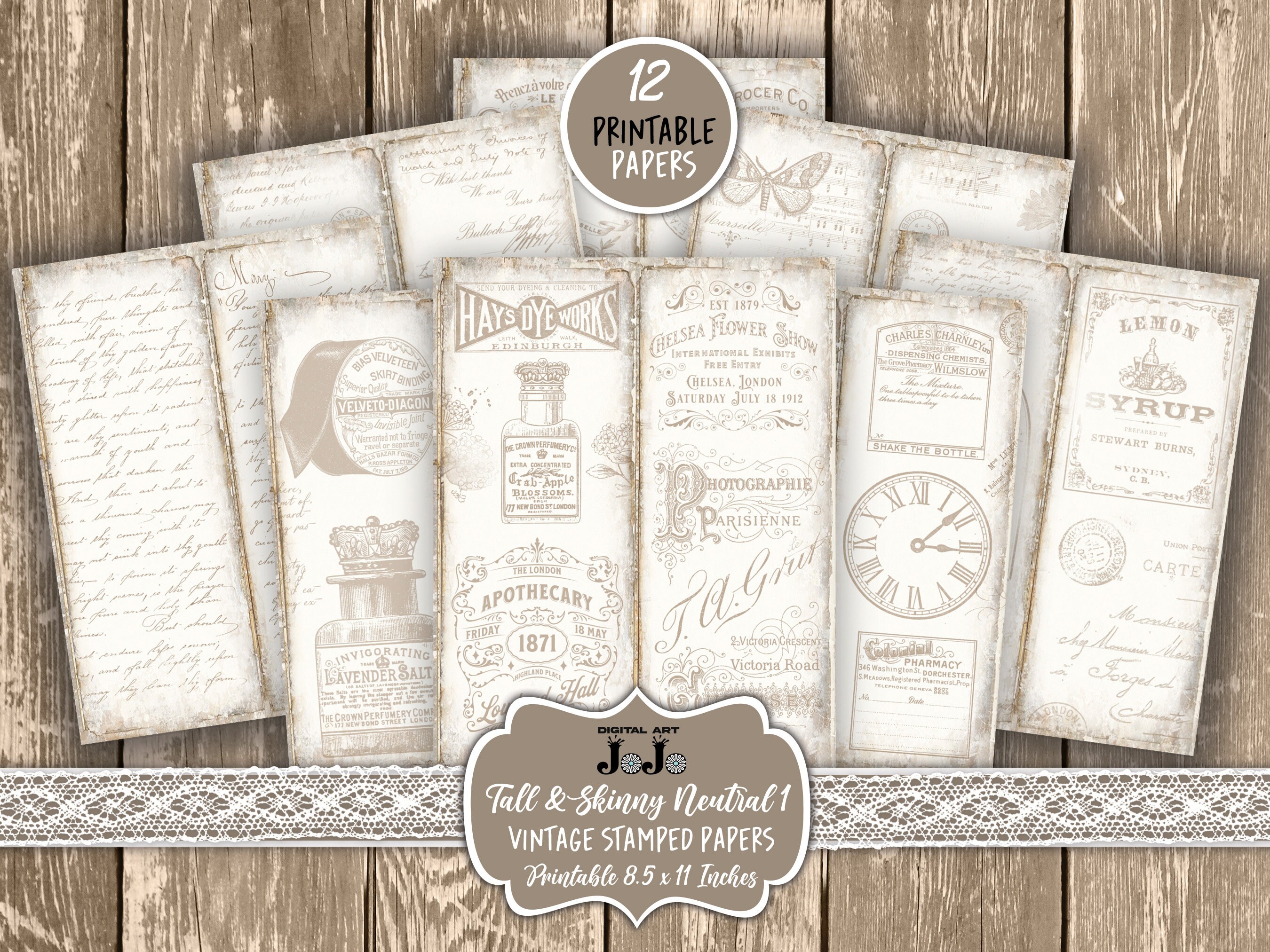 Printable Tall and Skinny Junk Journal Pages Kit, Neutral Stamped ...