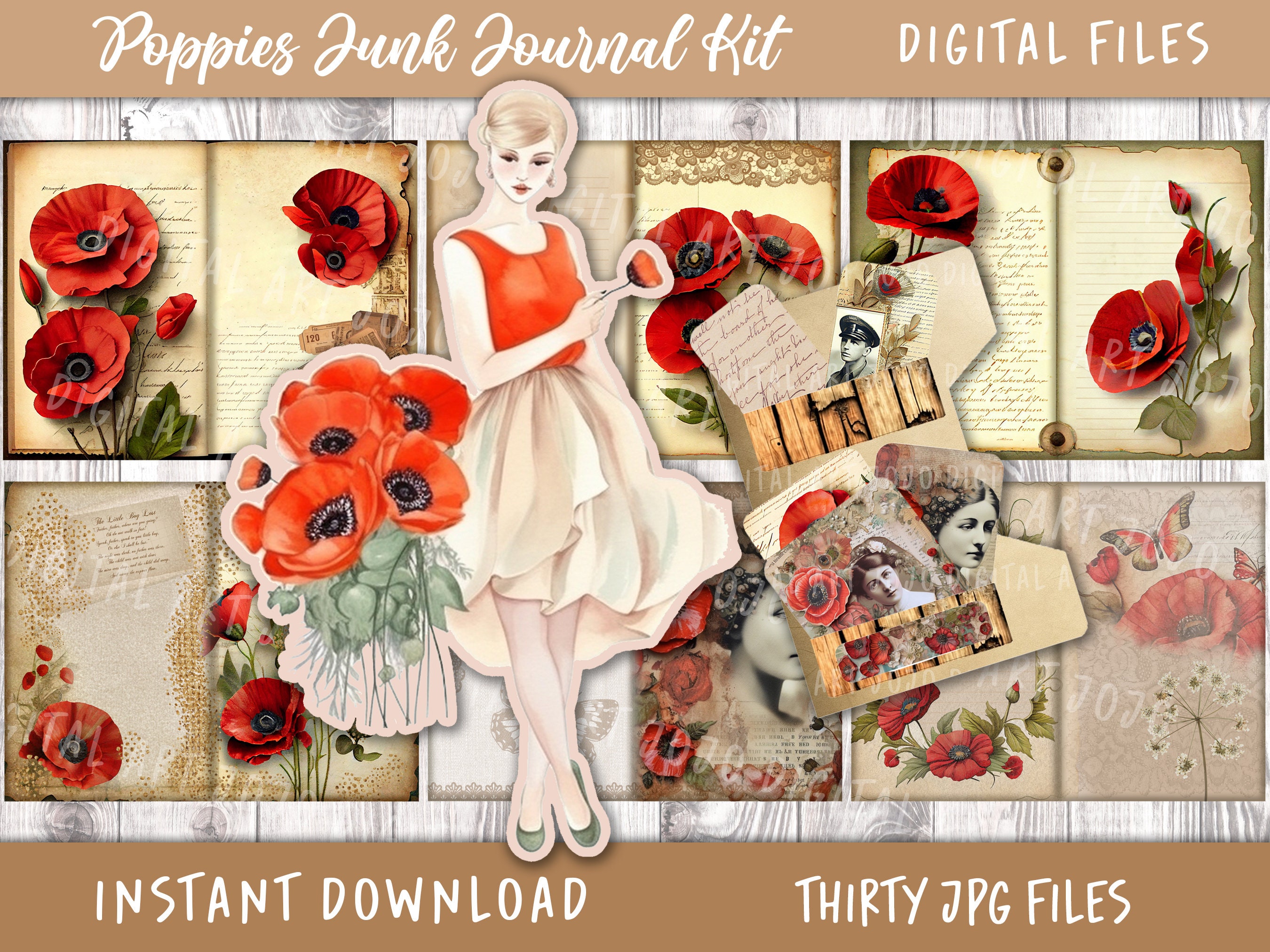 Poppies Junk Journal Craft Kit Printable Pages Red Poppy - Etsy