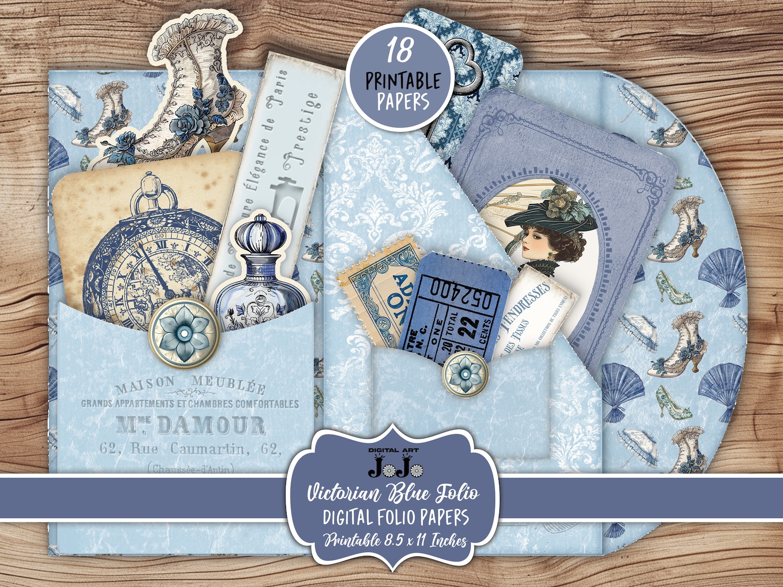 Victorian Junk Journal Folio Printables, Scrapbook Blue Digital Wallet ...