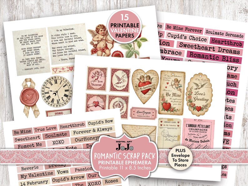 Printable Valentine Ephemera, Romantic Vintage Scrapbook Addon Kit ...