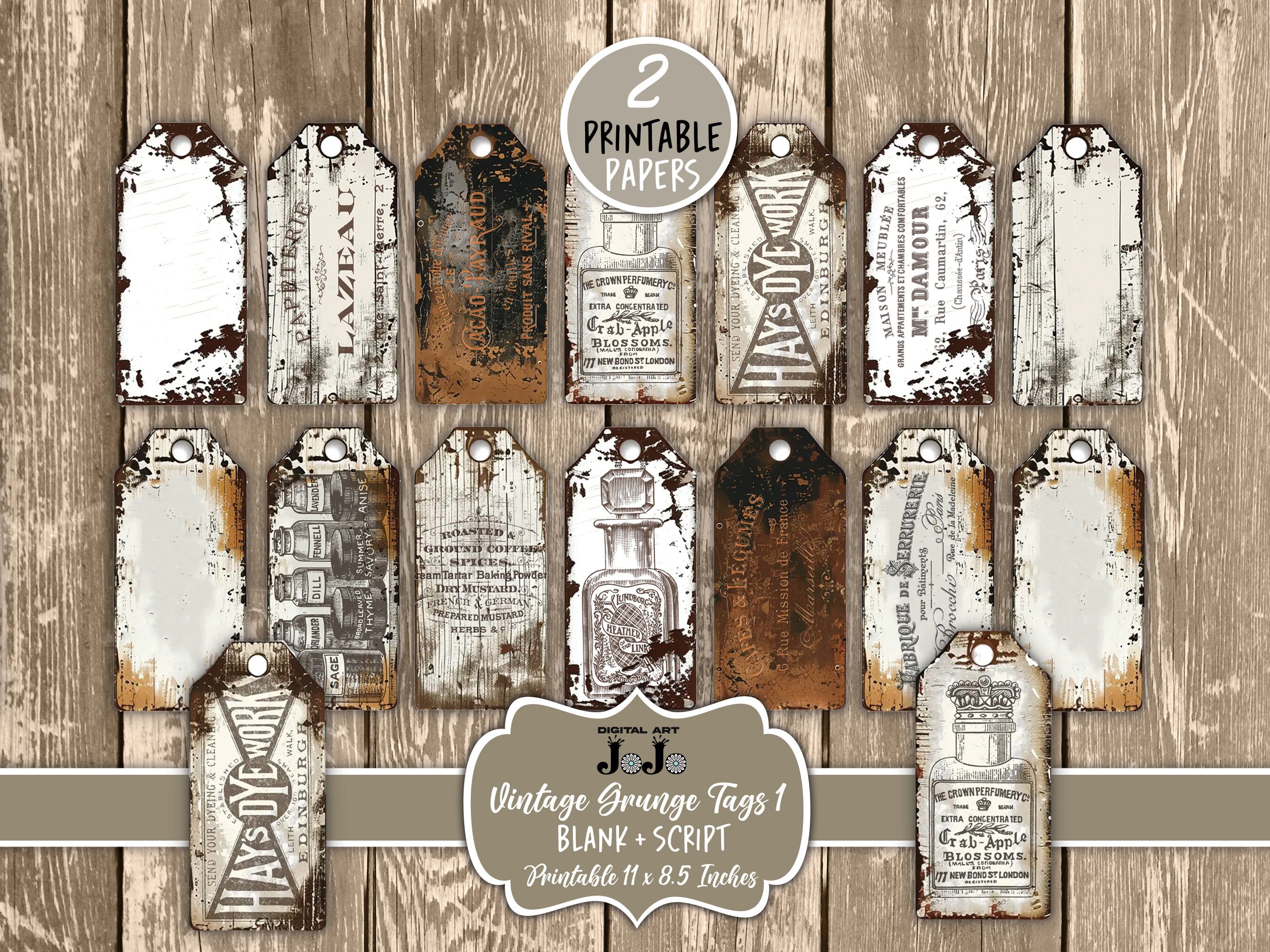 Junk Journal Vintage Tags, Distressed Scrapbook Labels, Printable ...