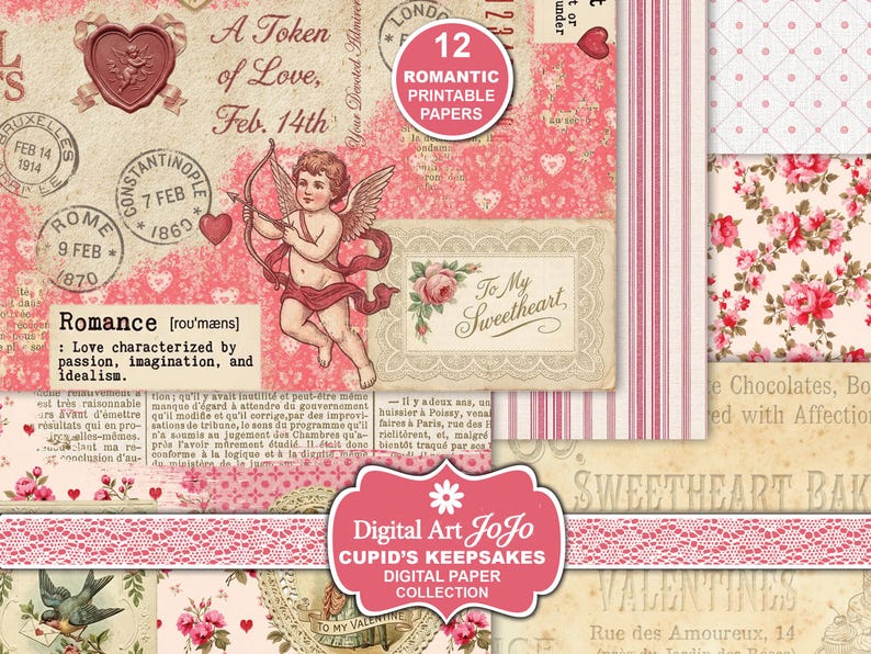 Valentine Junk Journal Digital Paper, Love Heart Scrapbook Pages Set ...