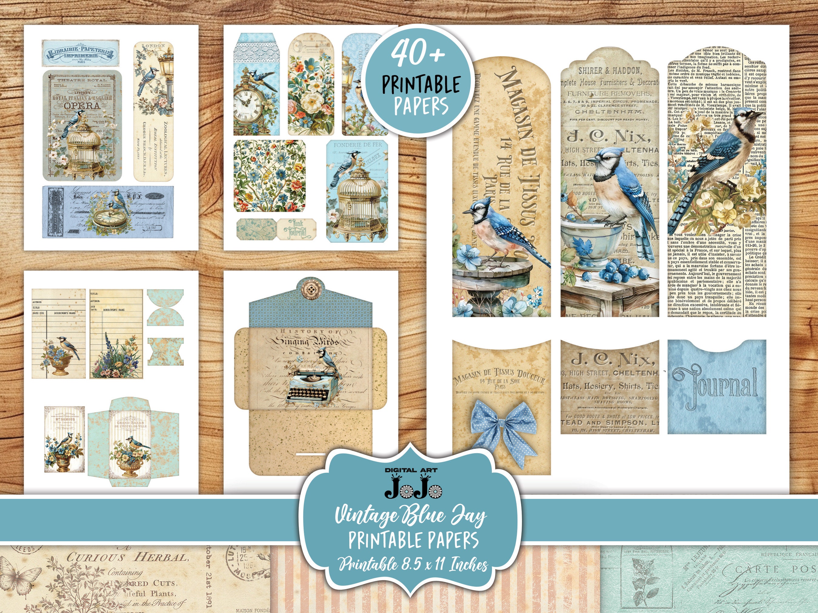 Birds Junk Journal Kit, Digital Nature Papers, Blue Jay Pages, Vintage ...