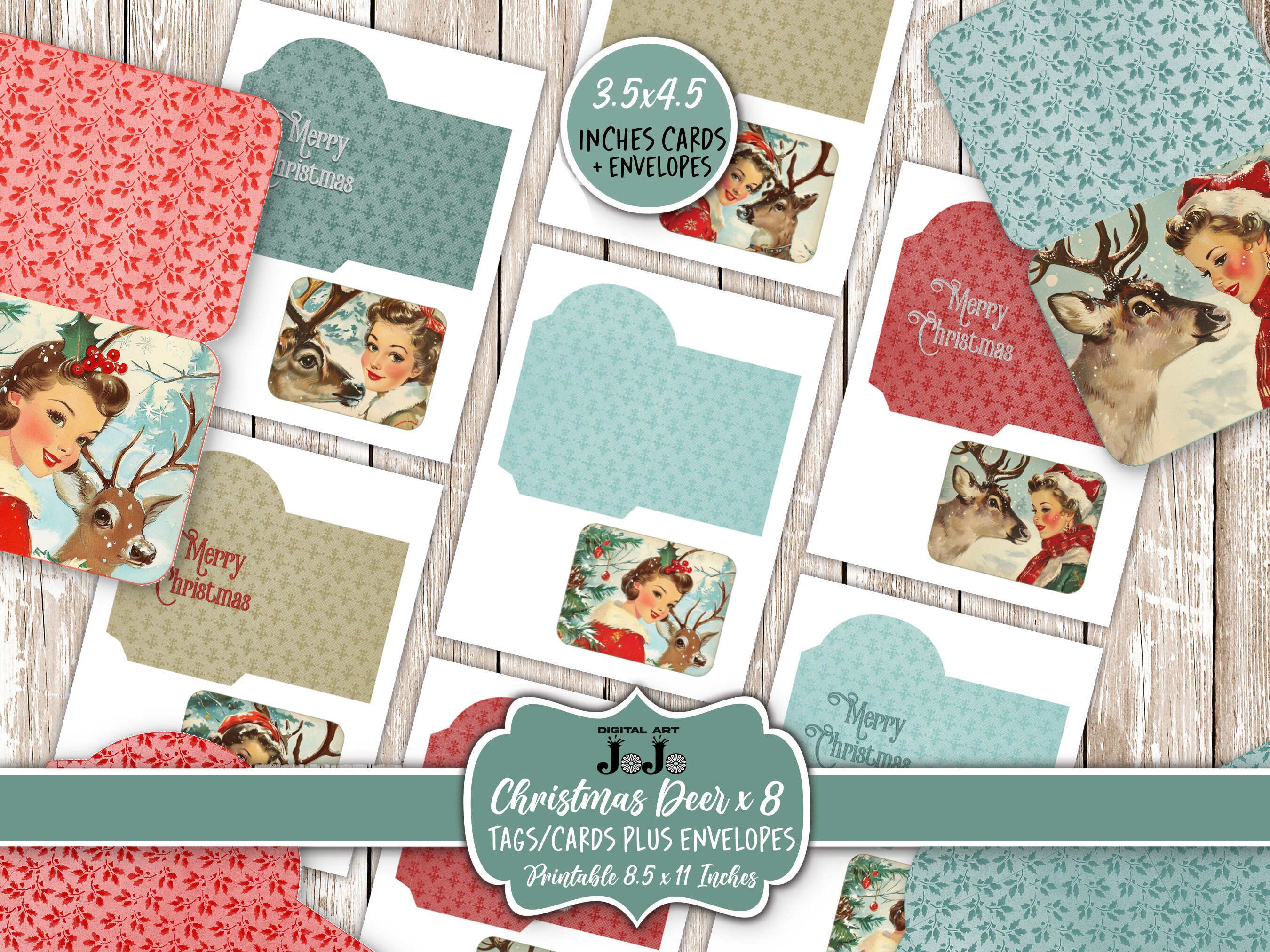 Vintage Christmas Deer, Printable Cards 3.5 X 4.5 Inches, Xmas Tags ...