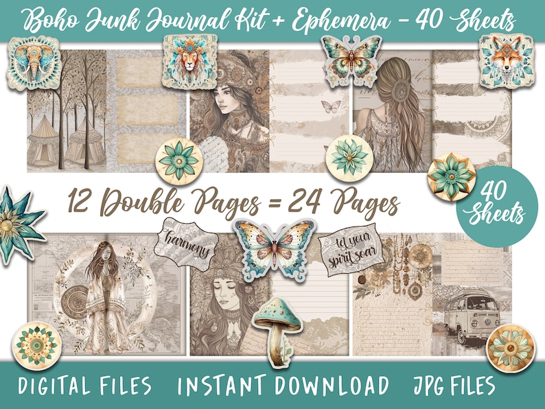 Boho Junk Journal Kits Digital Download Bohemian Printable Papers ...