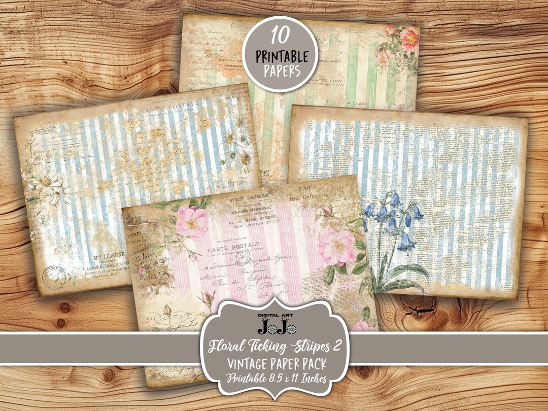 Shabby Ticking Stripes Papers, Printable Junk Journal Ephemera, Chic ...