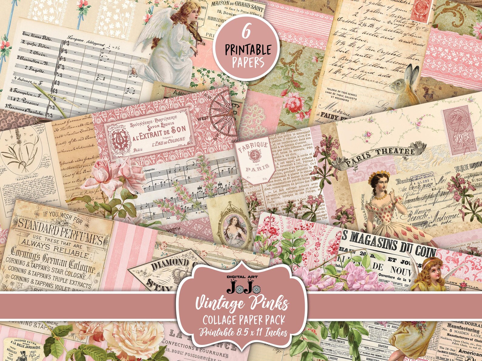 Vintage Pink Collage Kit, Junk Journal, Scrapbooking, Printable Sheets ...