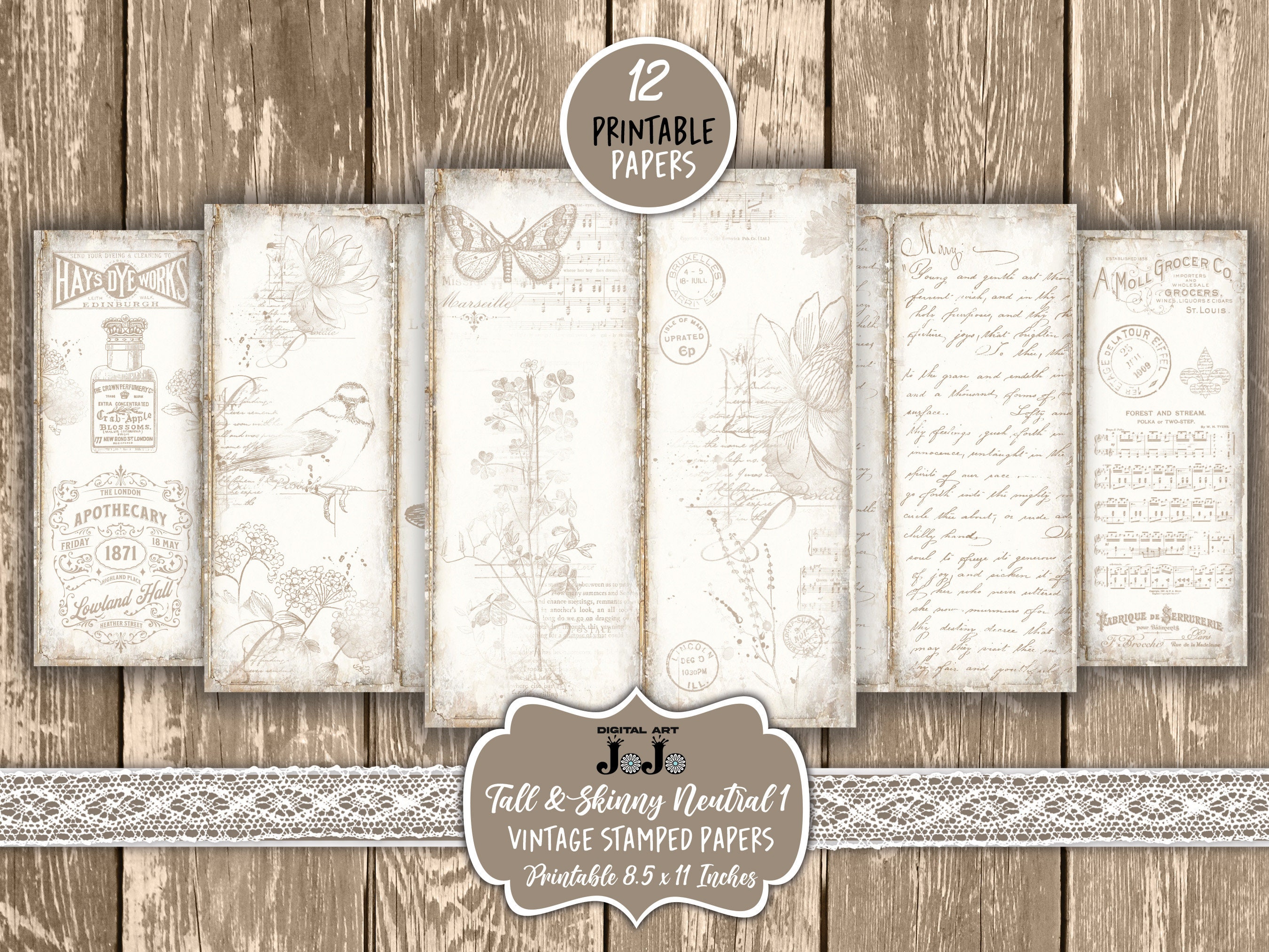 Printable Tall and Skinny Junk Journal Pages Kit, Neutral Stamped ...