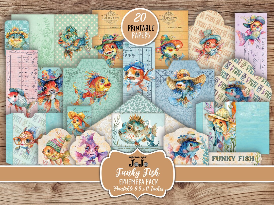 Funky Fish Junk Journal Ephemera Kit, Whimsical Scrapbook Fussy Cuts ...