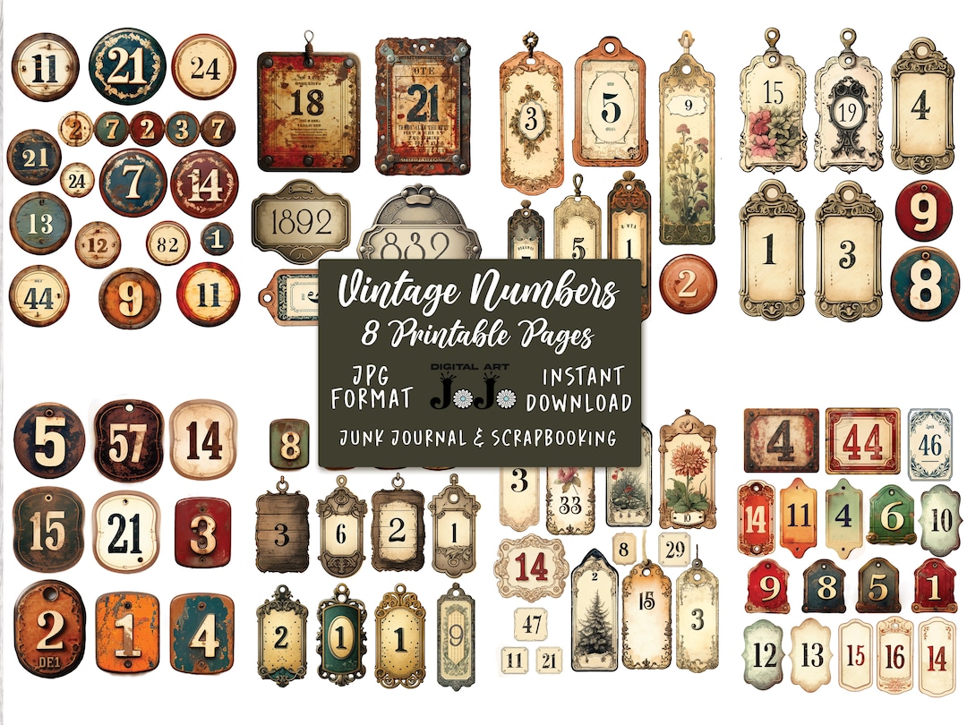 Junk Journal Numbers, Printable Vintage Embellishments, Old Distressed ...