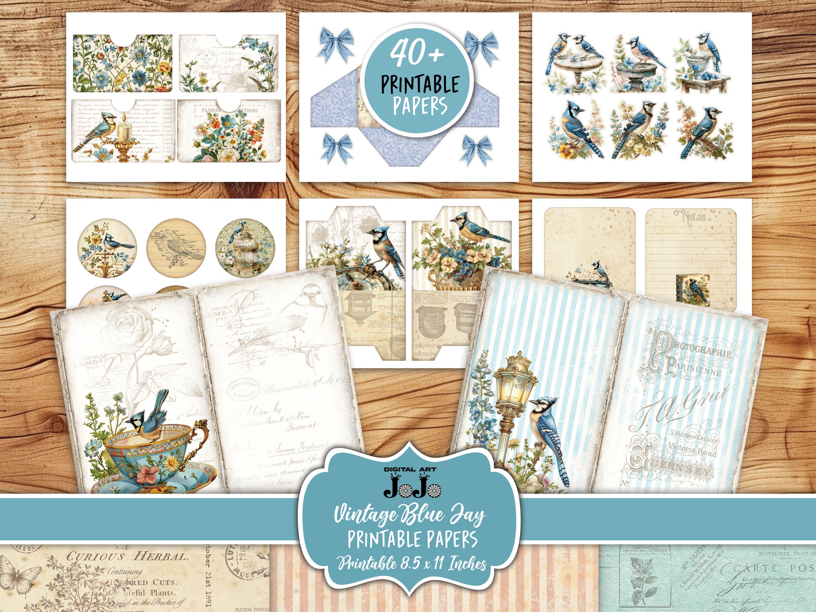 Birds Junk Journal Kit, Digital Nature Papers, Blue Jay Pages, Vintage ...