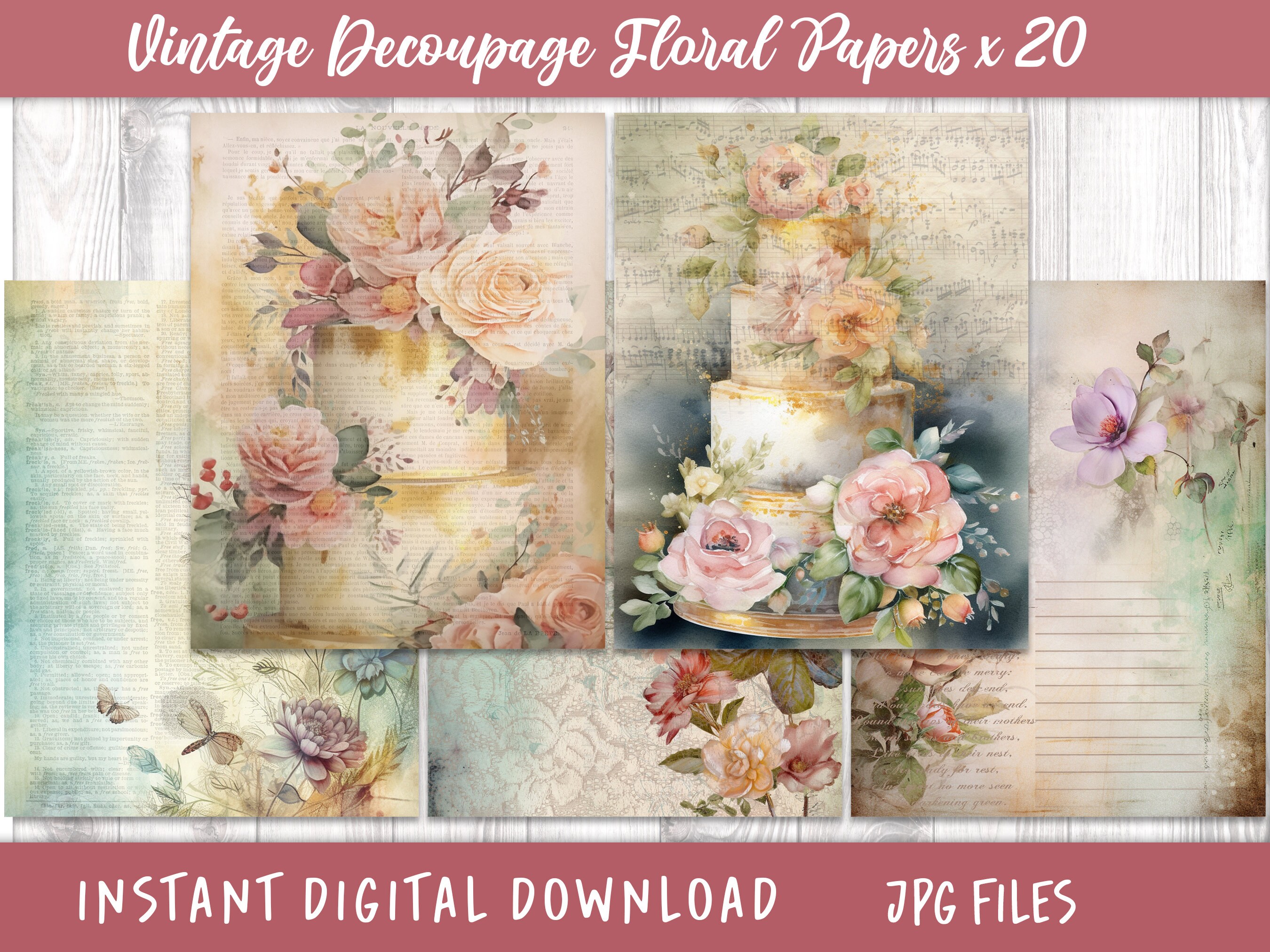 Vintage Floral Decoupage Papers, Junk Journal Supplies, Scrapbook Paper ...