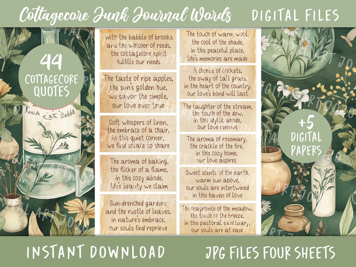 Cottagecore Junk Journal Digital Words, Printable Ephemera Vintage ...
