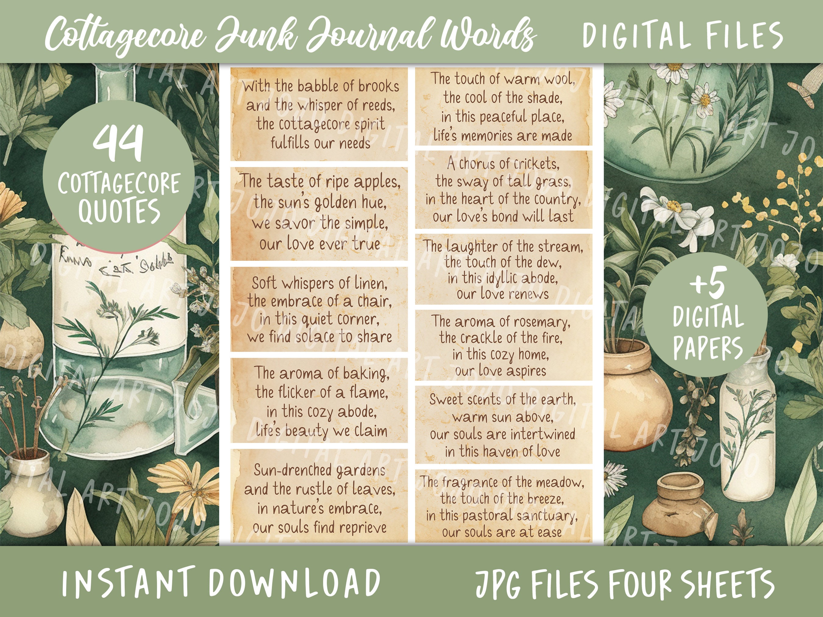 Cottagecore Junk Journal Digital Words, Printable Ephemera Vintage ...