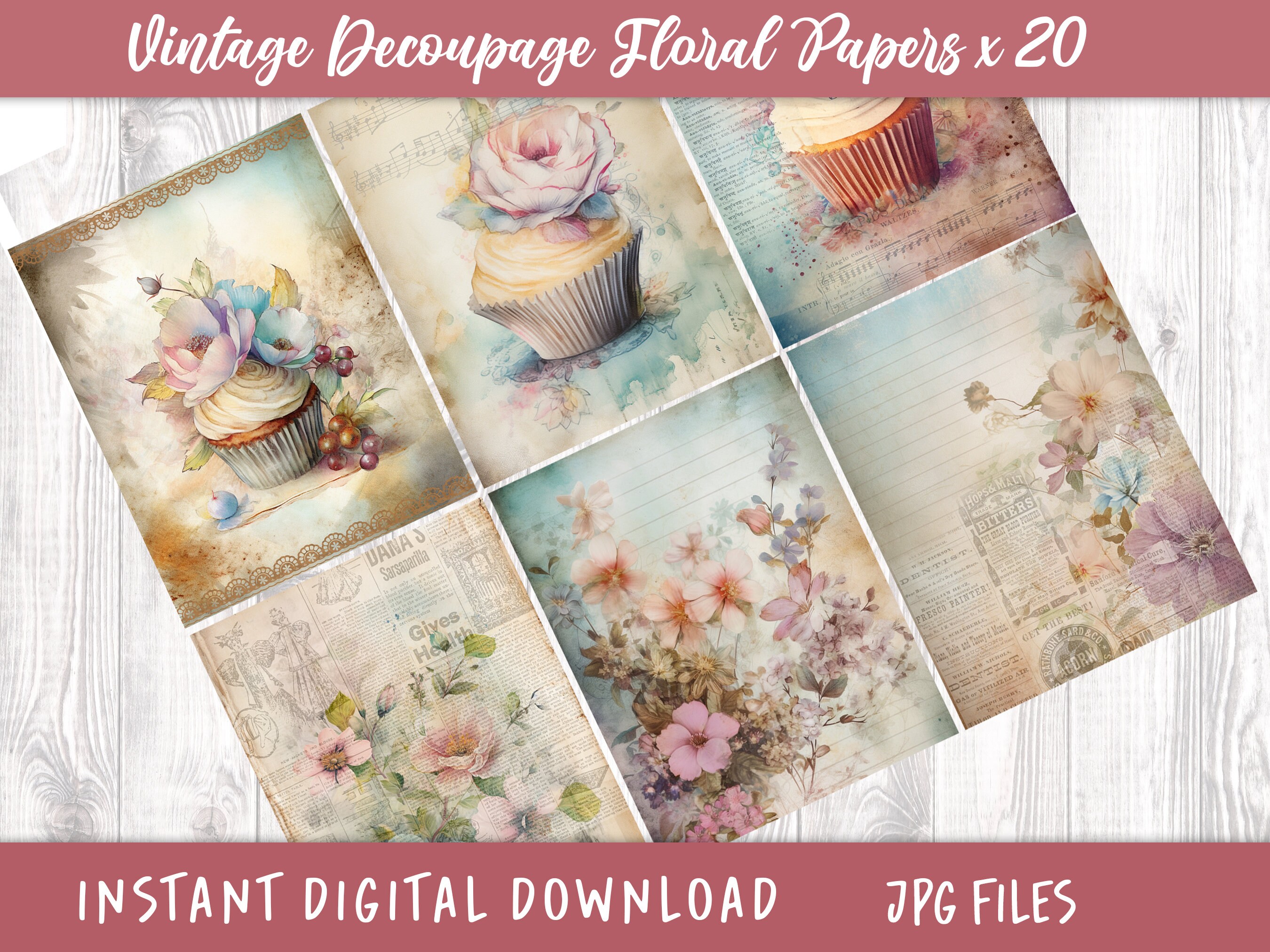 Vintage Floral Decoupage Papers, Junk Journal Supplies, Scrapbook Paper ...