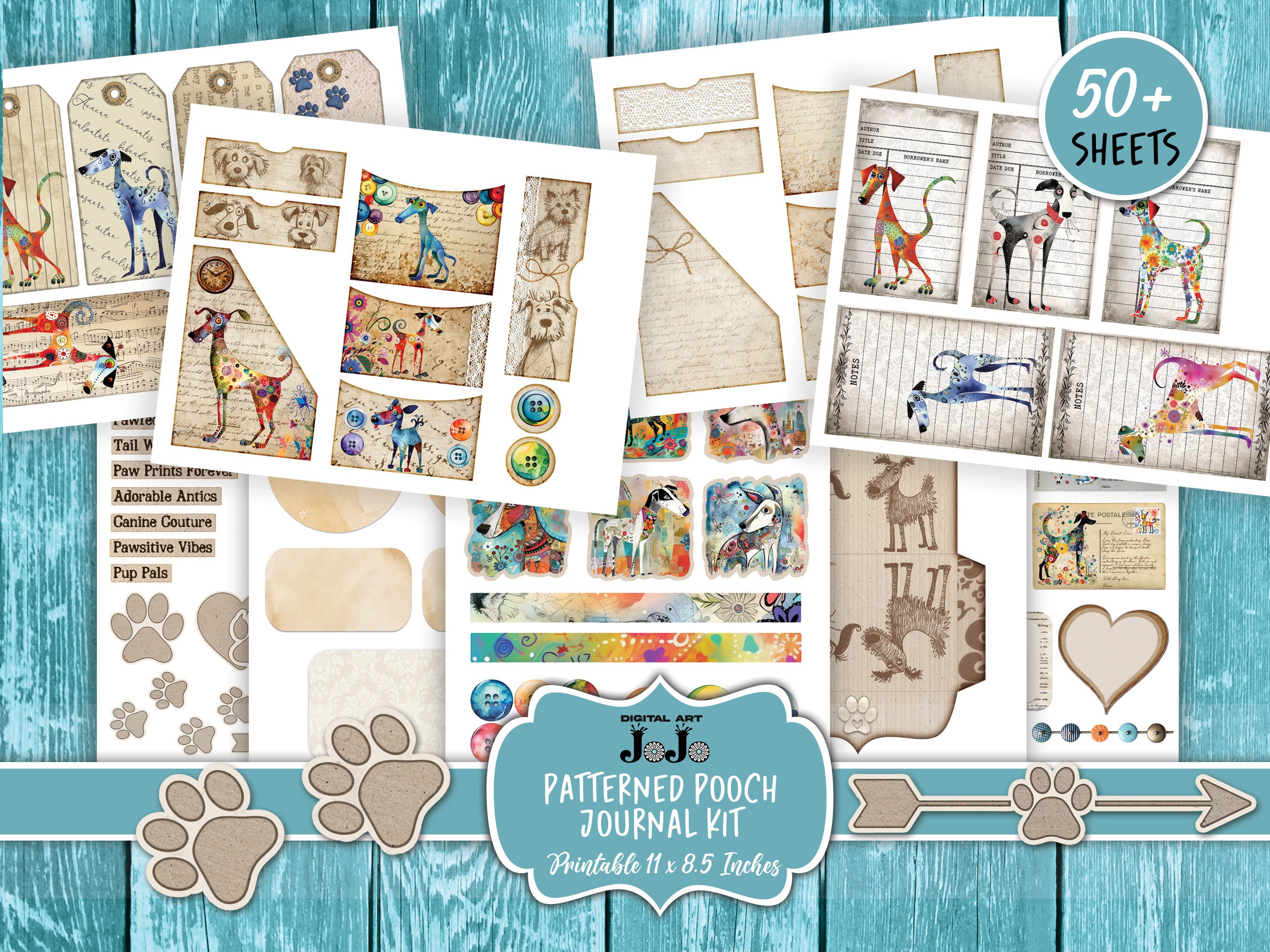 Dog Junk Journal Kit, Printable Cute Scrapbook Papers, Animal Digital ...