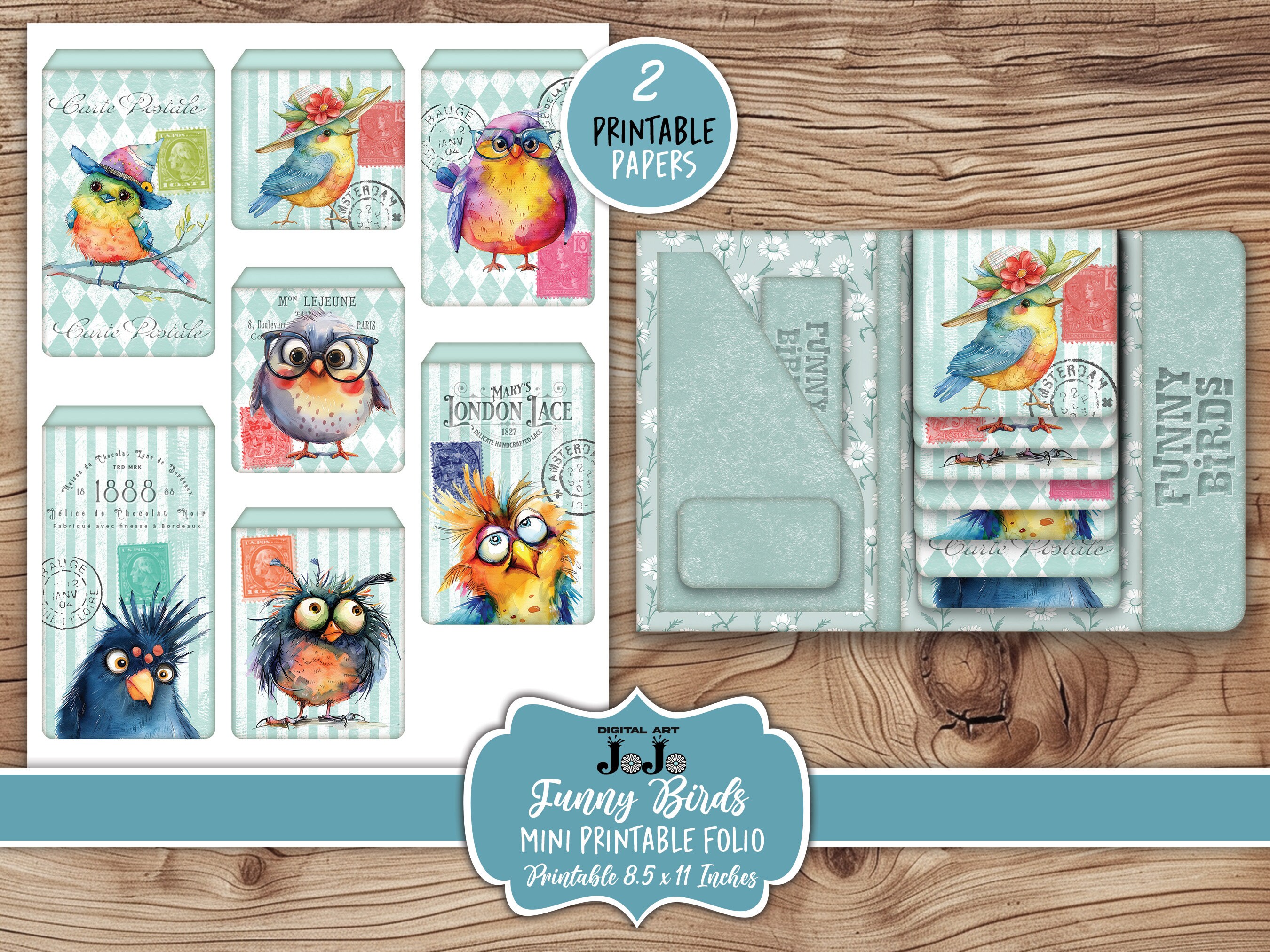 Funny Birds Printable Folio, Junk Journal Ephemera Kit, Whimsical ...
