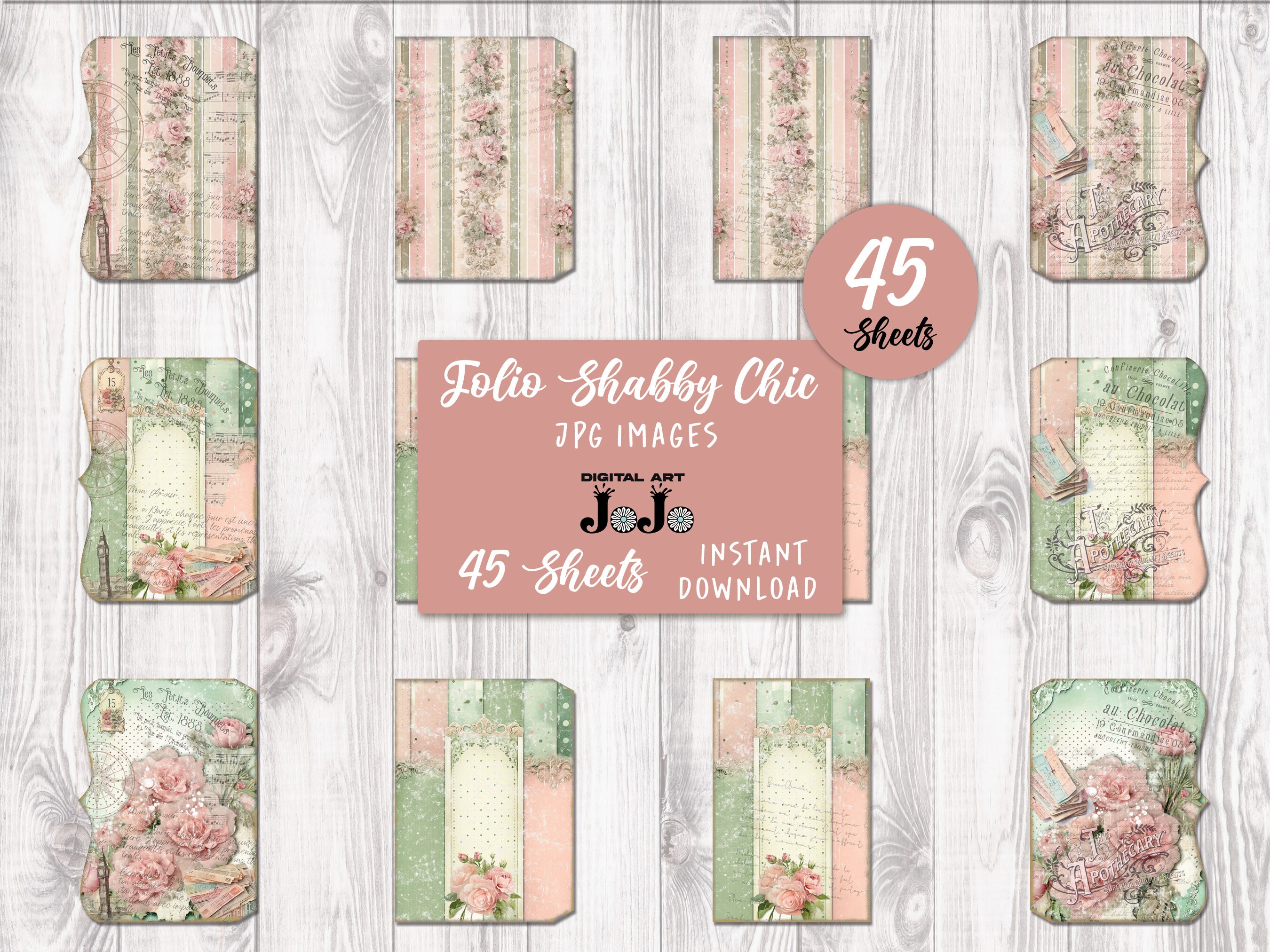 Digital Junk Journal Folio Printable Kit, Shabby Chic Papers, Handmade Pockets Tags Tabs, Words ...