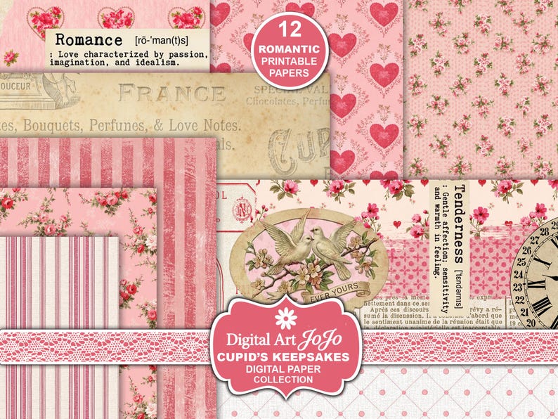 Valentine Junk Journal Digital Paper, Love Heart Scrapbook Pages Set ...