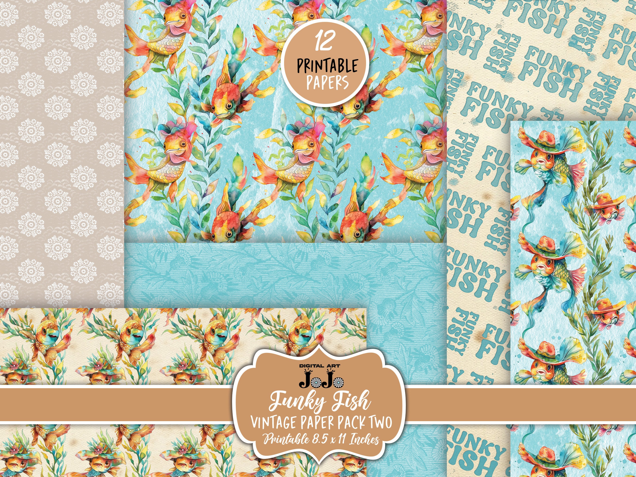 Funky Fish Printable Papers, Junk Journal Kit, Whimsical Scrapbook ...