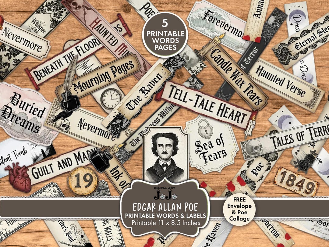 Edgar Allan Poe Ephemera, Junk Journal Word Labels, Embellishment Kit ...