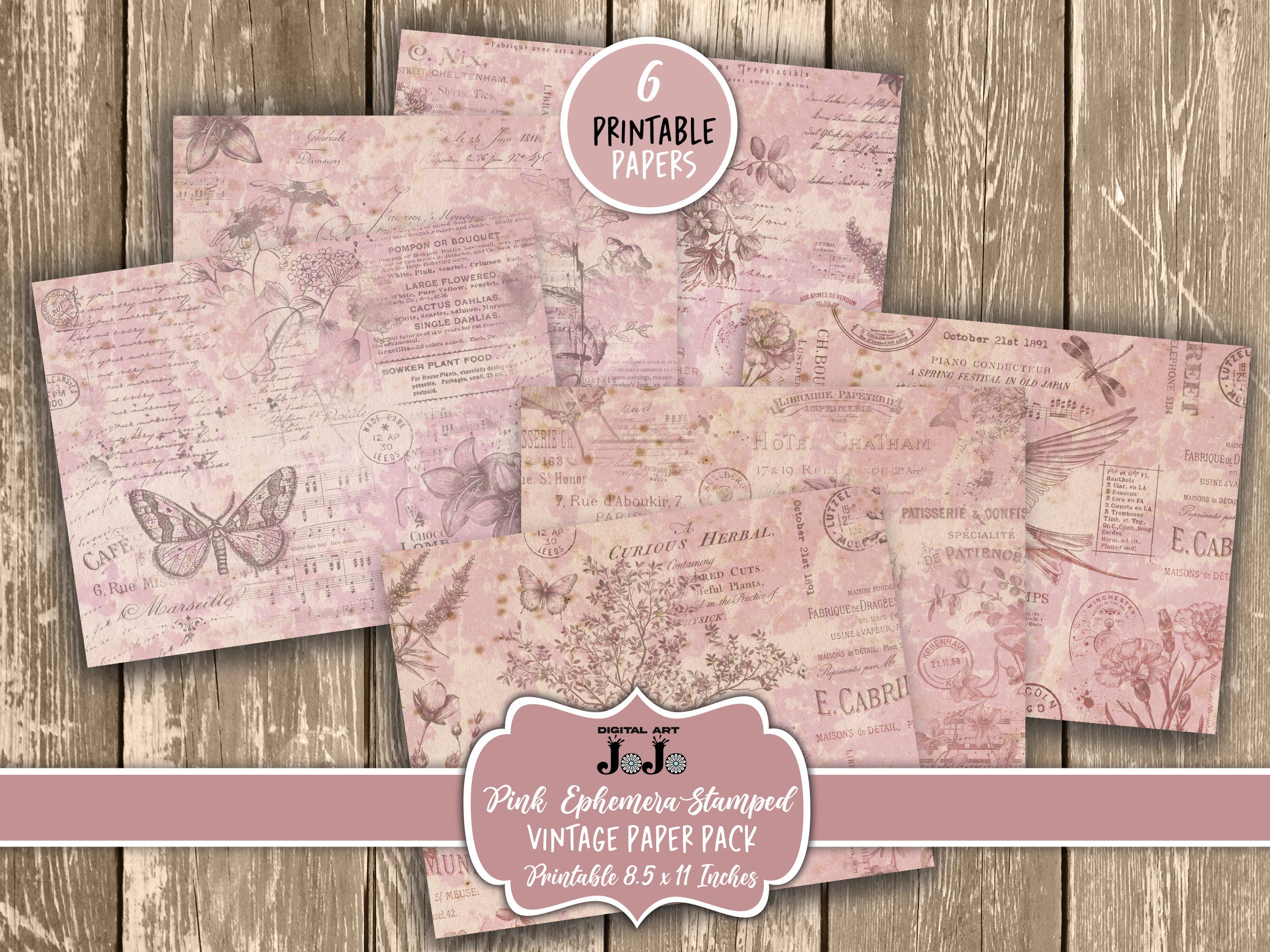 Pink Junk Journal Papers Kit, Printable Floral Scrapbook Pages Set ...