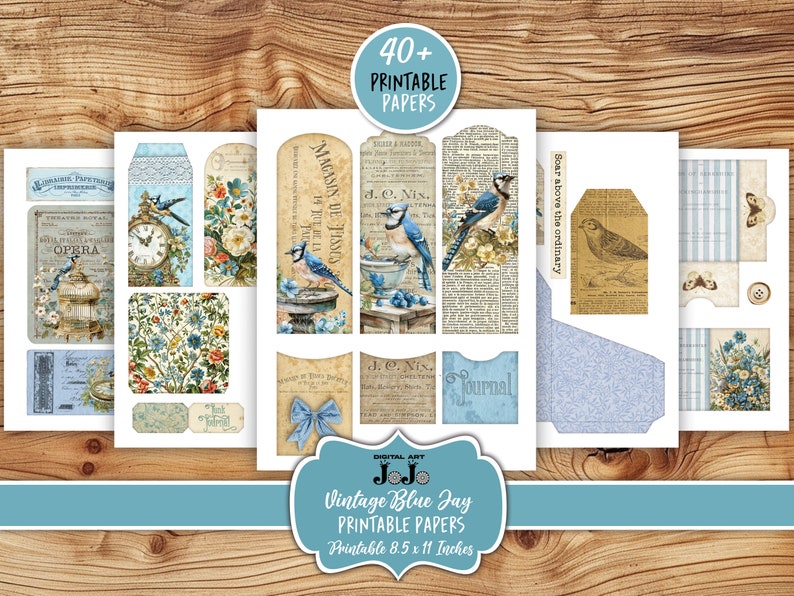 Birds Junk Journal Kit, Digital Nature Papers, Blue Jay Pages, Vintage ...