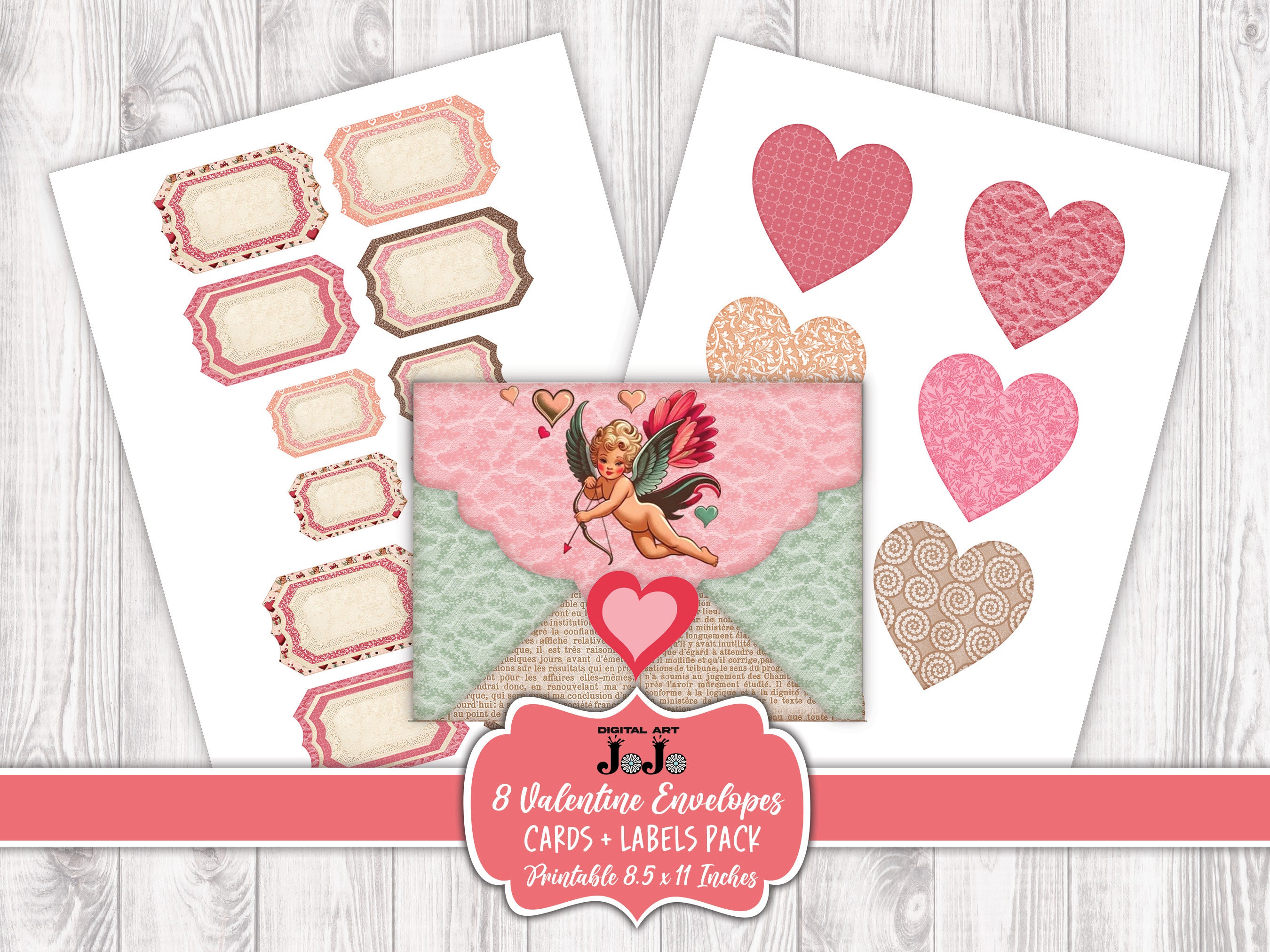 Valentine's Day Printable Cards Envelopes, Love Heart Scrapbook Set ...