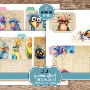 Funny Birds Tabbed Folders, Mini Vintage Junk Journal Ephemera Kit ...