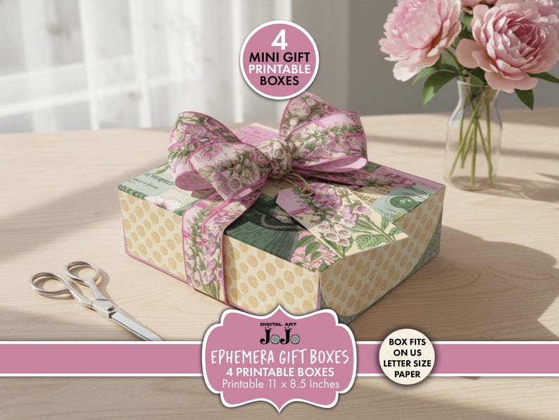 Printable Mini Gift Box, Ephemera Storage Box, Vintage Packaging, Pink ...