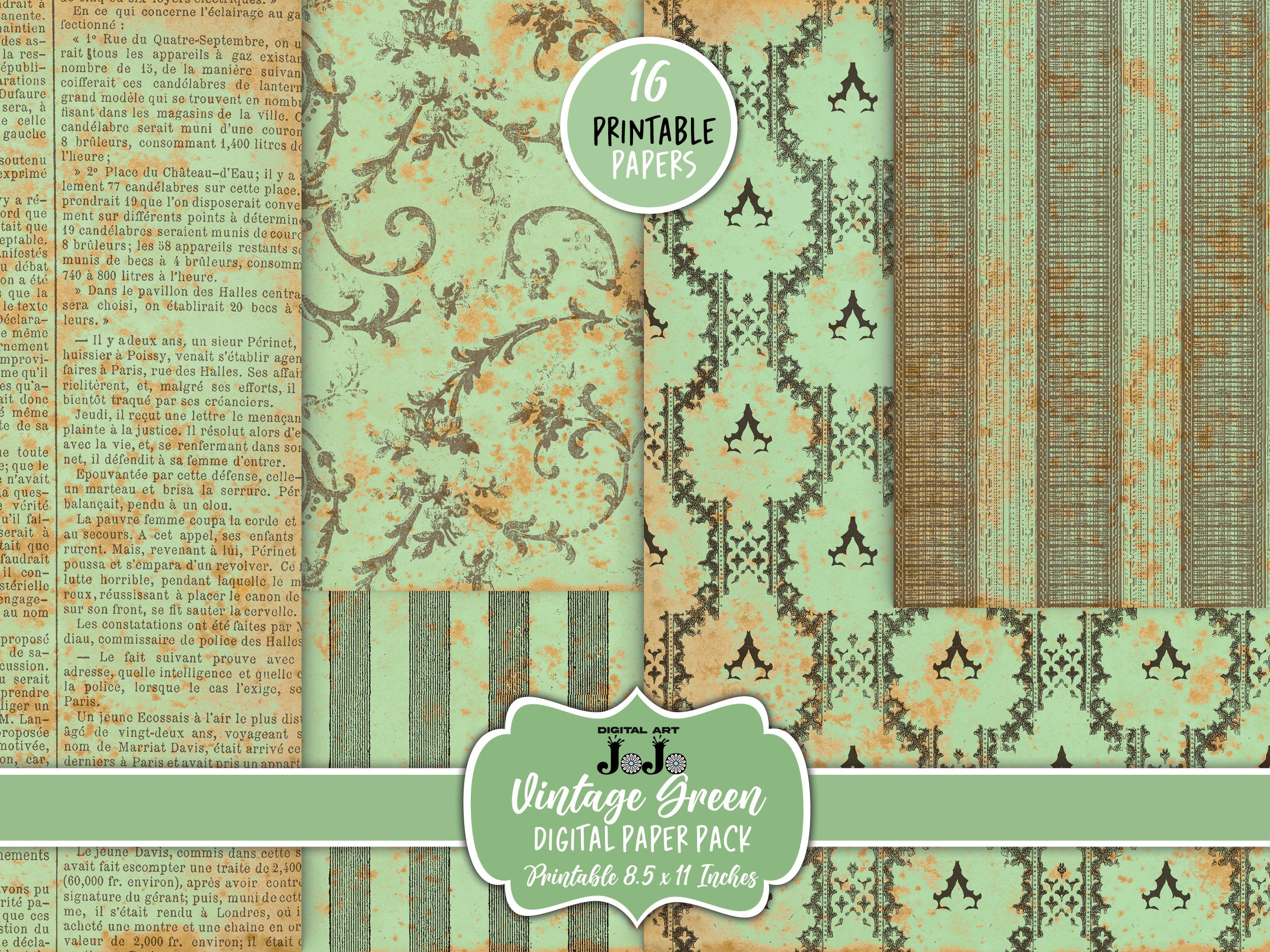 Green Shabby Chic Junk Journal Papers Set, Vintage Printable Pages Pack ...