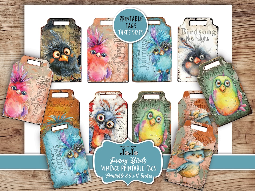 Funny Birds Printable Tags, Vintage Junk Journal Ephemera Kit ...