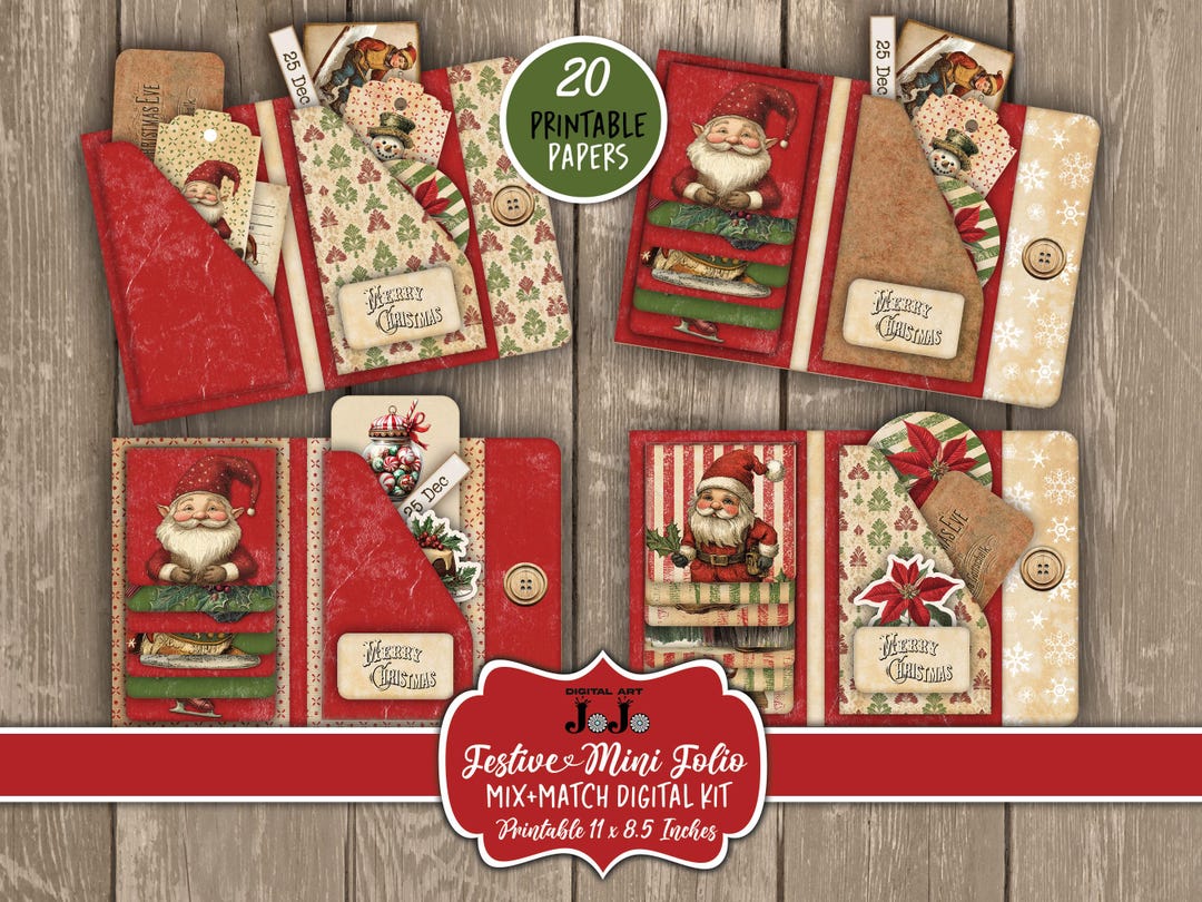 Christmas Junk Journal Mini Folio Kit, Vintage Xmas Scapbook Pack, Printable Papers, Collage Set ...