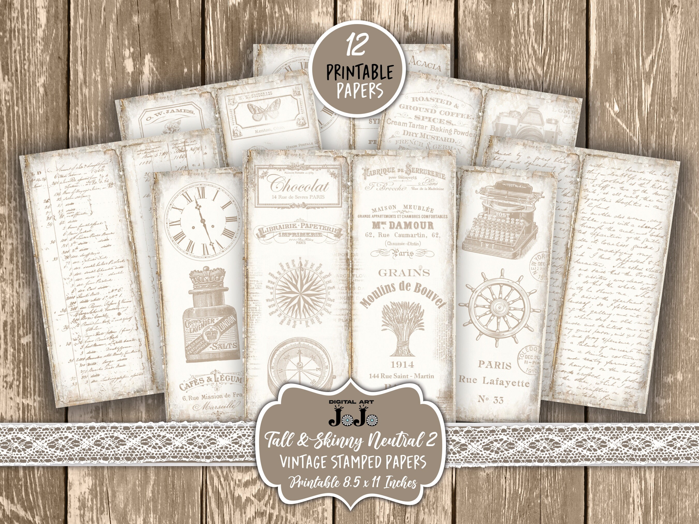 Printable Tall and Skinny Junk Journal Pages Kit, Neutral Stamped ...