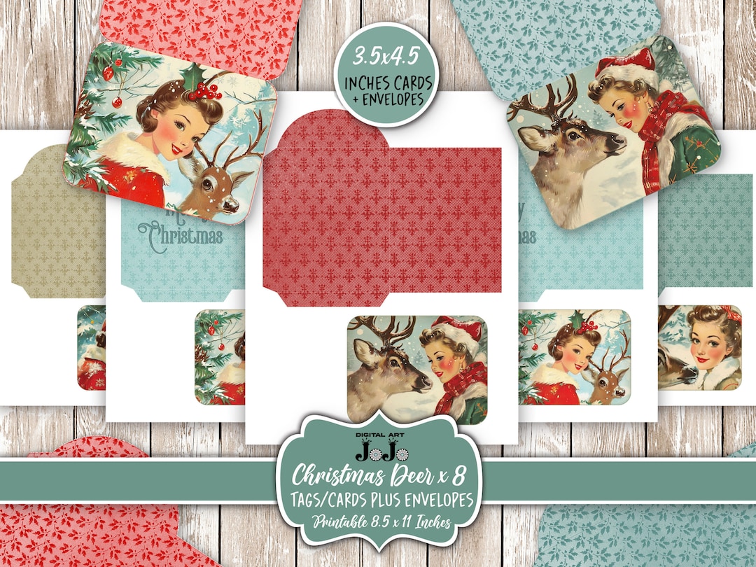 Vintage Christmas Deer, Printable Cards 3.5 X 4.5 Inches, Xmas Tags ...