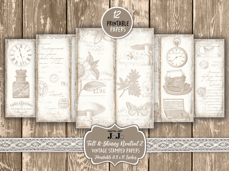 Printable Tall and Skinny Junk Journal Pages Kit, Neutral Stamped ...