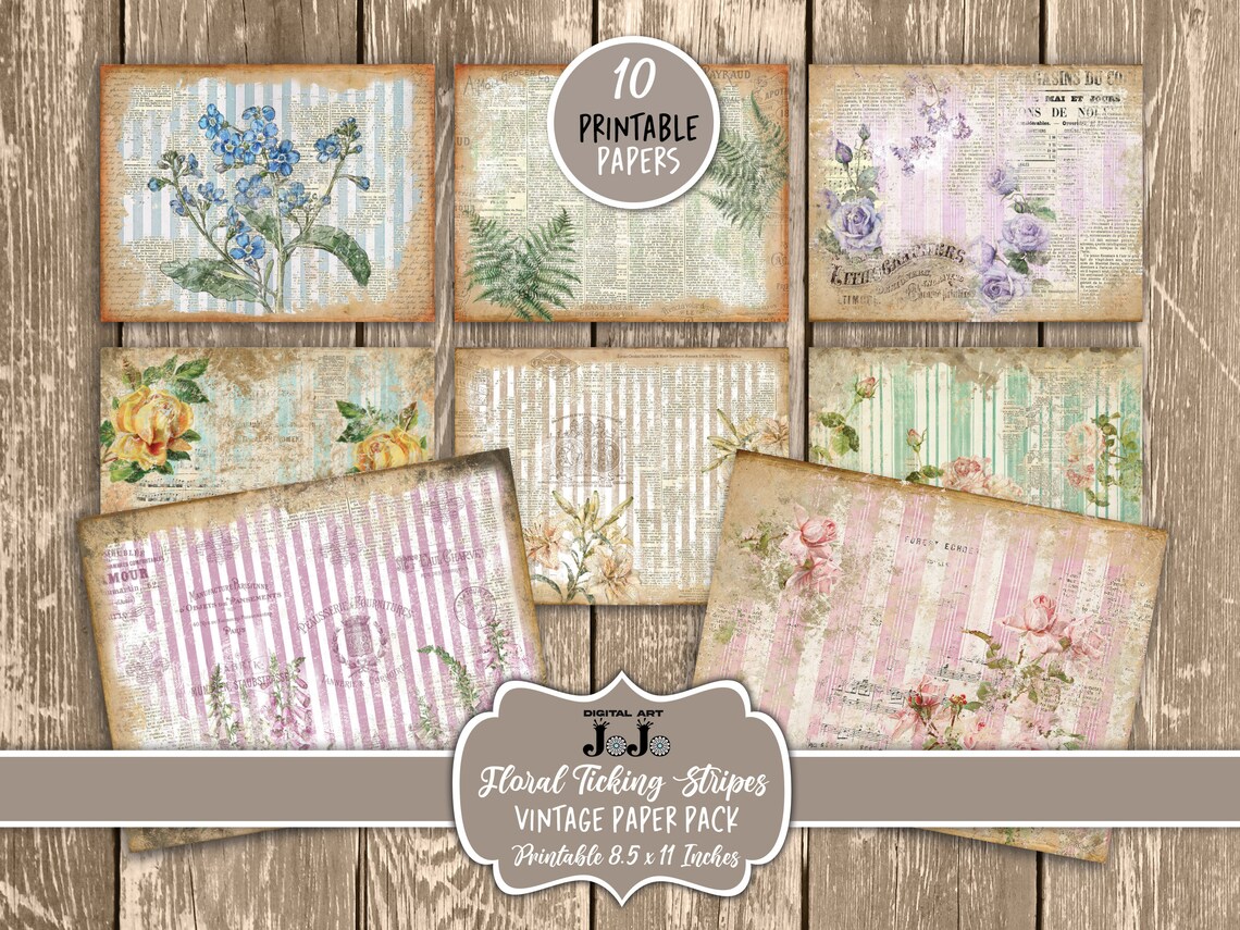 Shabby Ticking Stripes Papers, Printable Junk Journal Ephemera, Chic ...