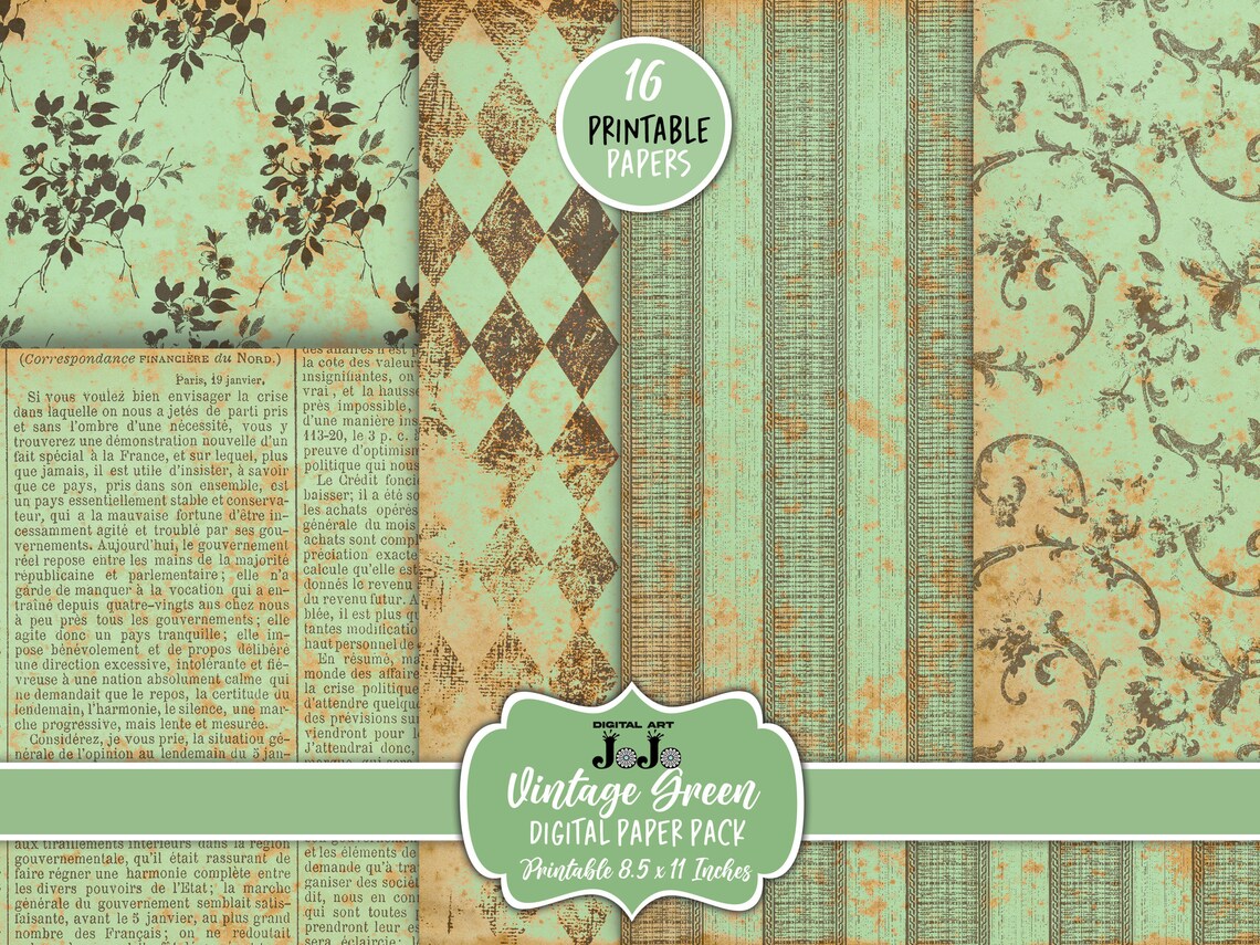 Green Shabby Chic Junk Journal Papers Set, Vintage Printable Pages Pack ...