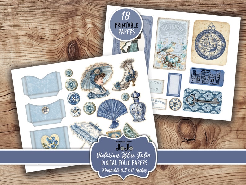Victorian Junk Journal Folio Printables, Scrapbook Blue Digital Wallet ...