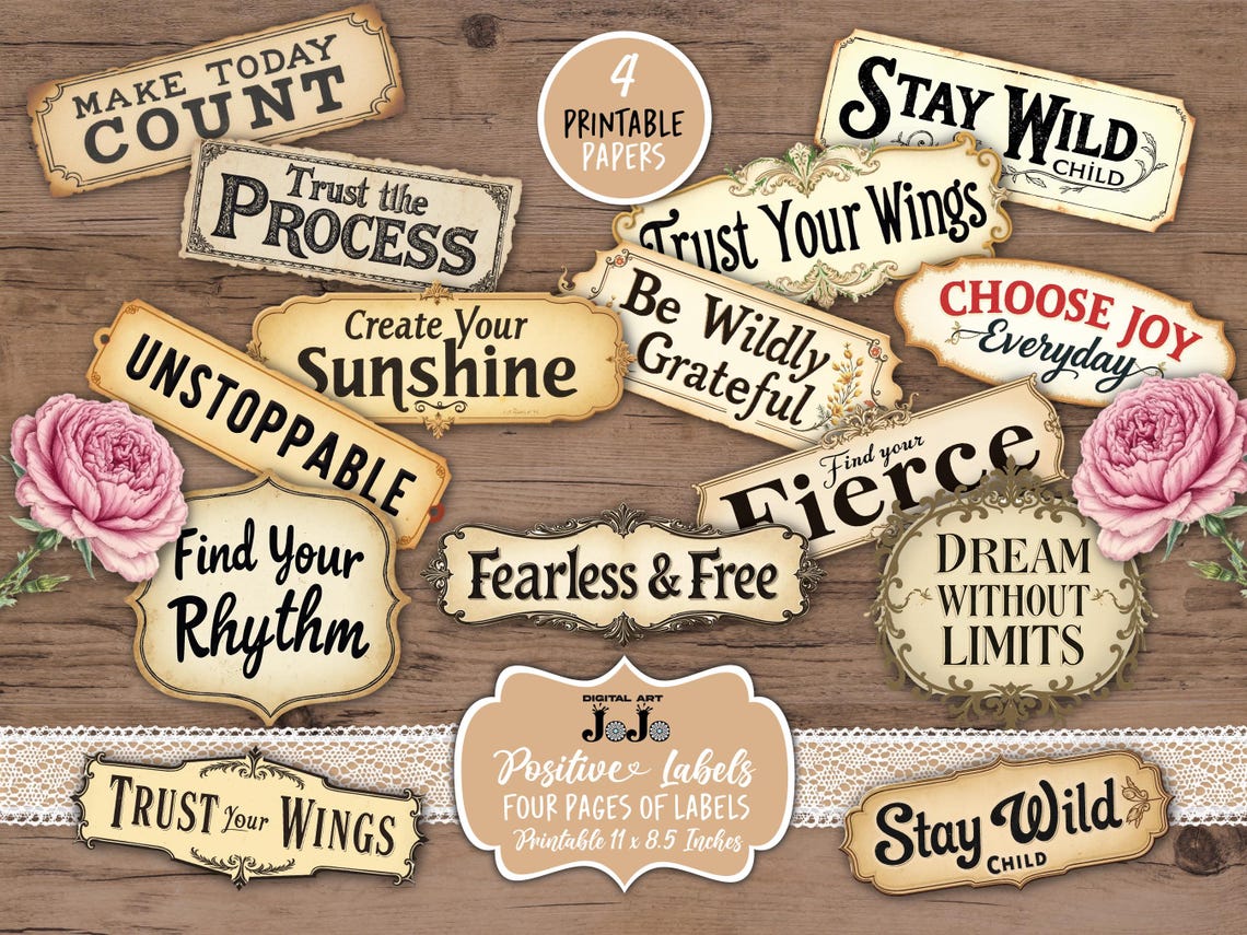 Positive Inspiration Word Labels Printable, Grungy Vintage Text ...