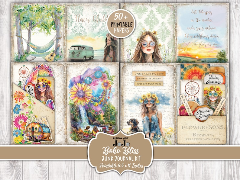 Hippie Junk Journal Kit, Boho Scrapbooking Pages, Printable Bohemian ...