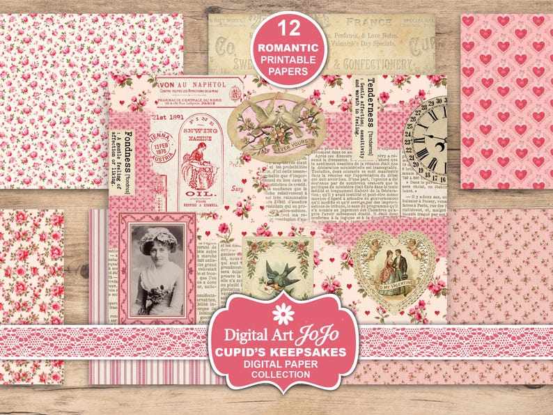 Valentine Junk Journal Digital Paper, Love Heart Scrapbook Pages Set ...