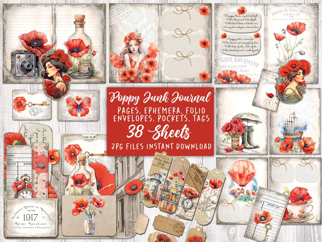 Poppies Digital Junk Journal, Wildflowers Scrapbook Papers, Flowers ...