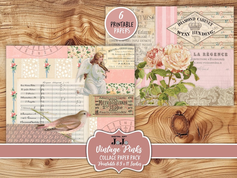 Vintage Pink Collage Kit, Junk Journal, Scrapbooking, Printable Sheets ...