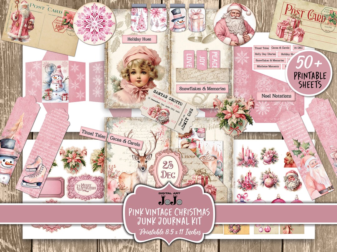 Pastel Pink Christmas Junk Journal Kit, Digital Printable Pages, Xmas ...